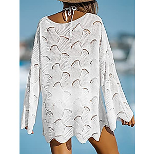 CUPSHE Women Casual Cut Out Swim Cover Up Drop Shoulder Long Sleeve V-Neck Cover-Ups,S White