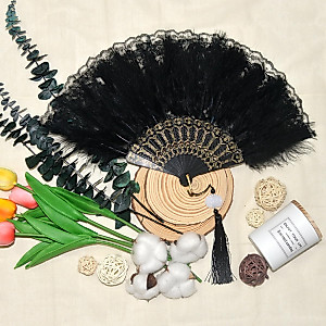 Lace Feather Folding Fan Vintage Spanish Hand Fan for Women Dancing Party Costume Festival Performance (Black)