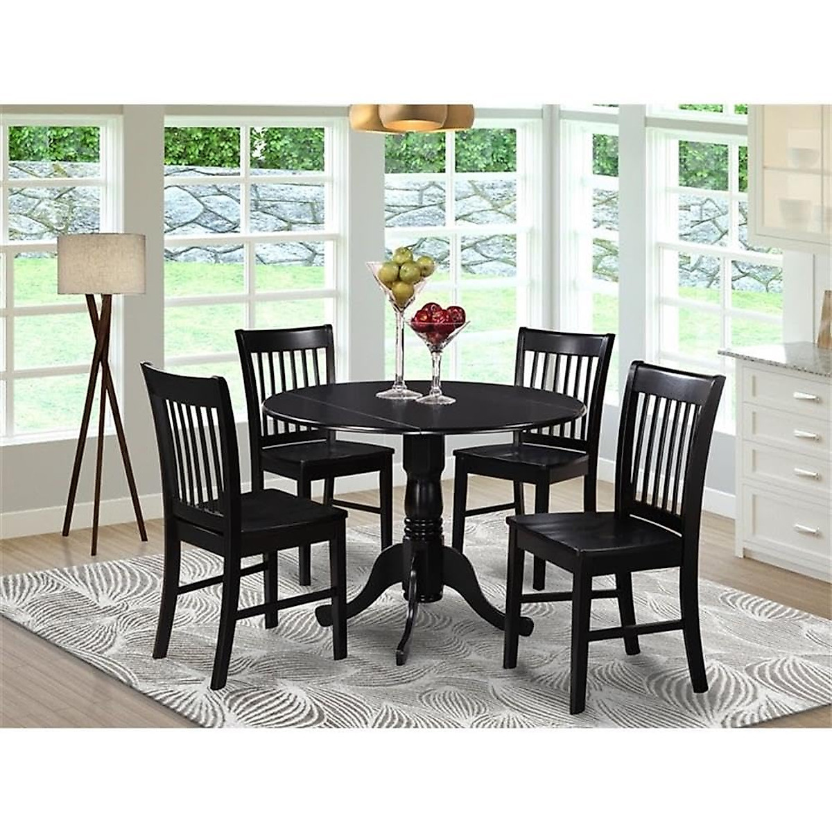 Pemberly Row 5-Piece Wood Dining Set with 42 Inch Round Table and Slatted Back Dining Chairs in Black