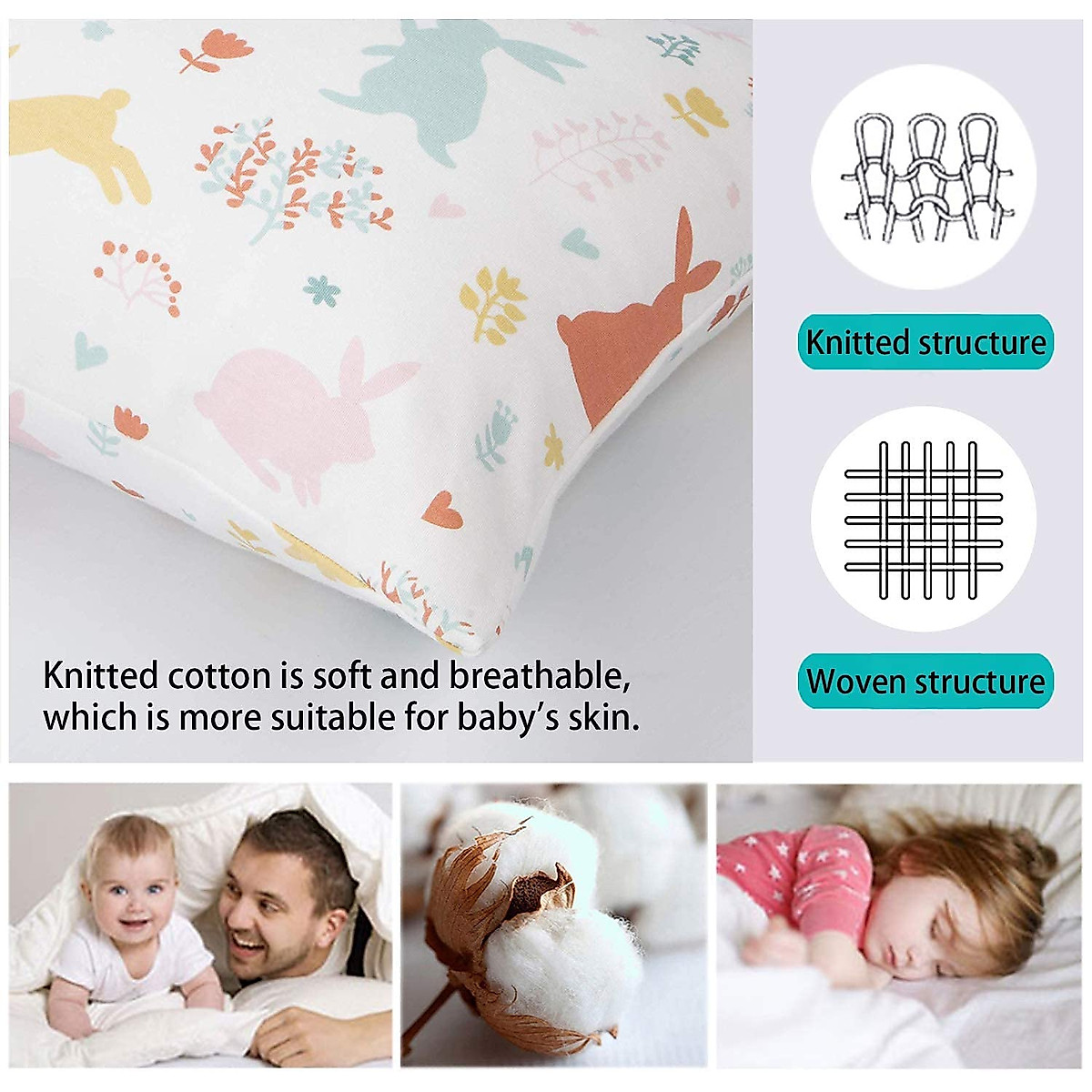 NTBAY Organic Cotton Toddler Pillowcases - Super Soft & Breathable Jersey Cotton Toddler Pillow Cases, 13”x18” Pillow Cases with Envelope Closure, Rabbits