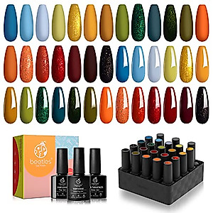 Beetles Fall Winter Gel Nail Polish Kit, Red Yellow Orange Green Gel Polish Set with Glossy & Matte Gel Top Coat Base Coat Soak Off Nail Lamp Christmas Mother's Day Gifts for Women, 20 Pcs