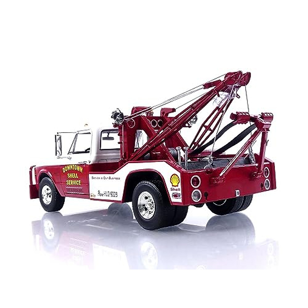 Greenlight 1972 Chevrolet C-30 Dually Wrecker Tow Truck Downtown Shell Service - Service is Our Business White and Red 1/18 Diecast Model Car