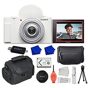 Sony ZV-1F Vlogging Camera (White) Bundle with Camera Pouch, Gadget Bag, Starter Kit & More, Black
