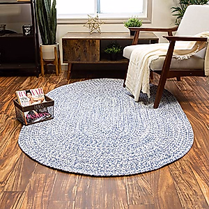 Super Area Rugs Farmhouse Braided Rug Cotton Kitchen Reversible Carpet, Blue & White, 4' X 6' Oval