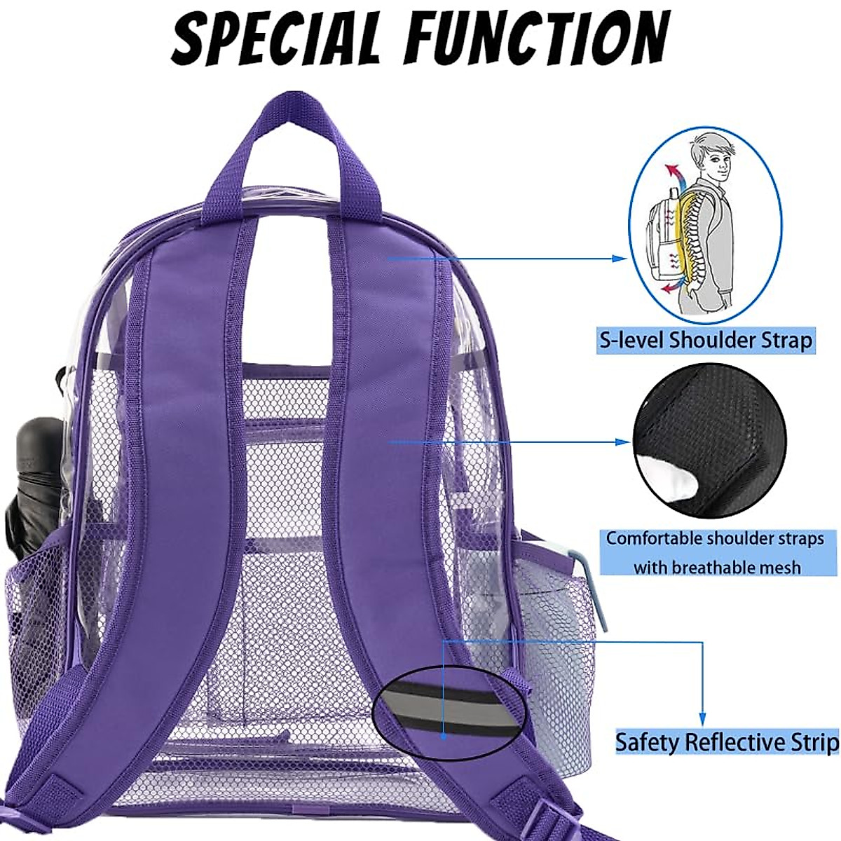 BAJNOKOU Clear Backpack Stadium Approved for Women Men Heavy Duty PVC Transparent See Through Backpacks for School Work Travel,Purple