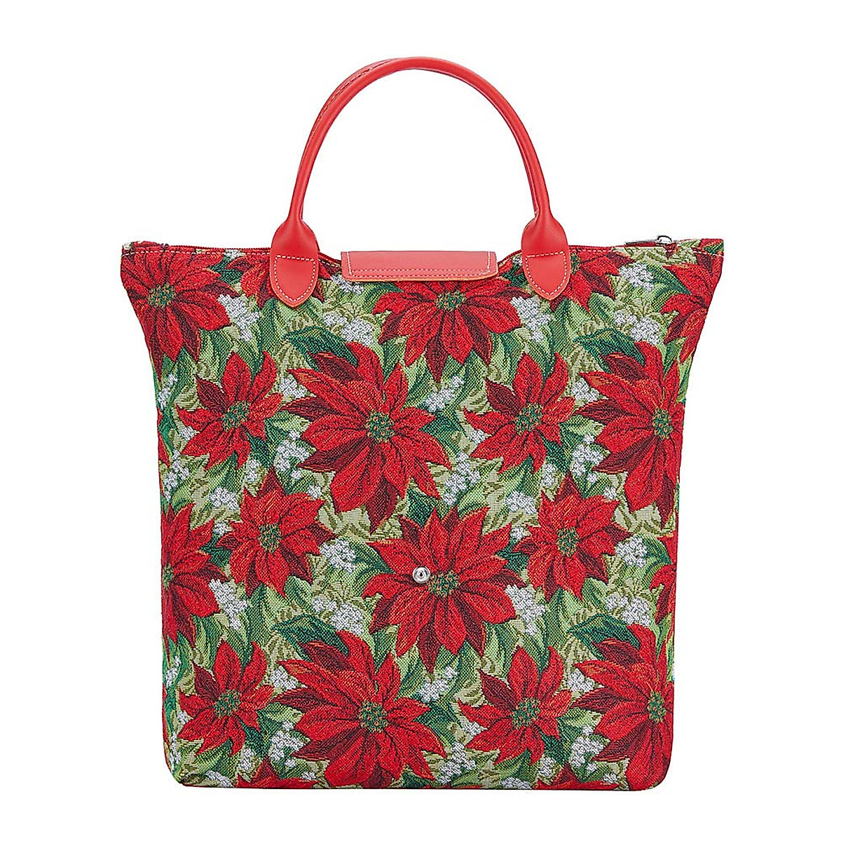 Signare Tapestry Foldable Tote Bag Reusable Shopping Bag Grocery Bag With Xmas Poinsettia Design (FDAW-XMAS-POIN)