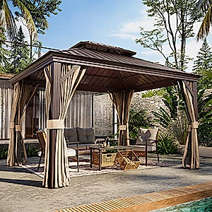 LAUSAINT HOME 10'x12' Permanent Outdoor Gazebo, Heavy Duty Metal Hardtop Double Roof Gazebos with Aluminum Frame & Enclosed Khaki Curtains and Mosquito Nettings for Lawn and Garden