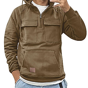 PARREN Men's Tactical Sweatshirt Quarter Zip Cargo Pullover Hoodies Workout Gym Sports Running Outdoor Winter Jackets Khaki