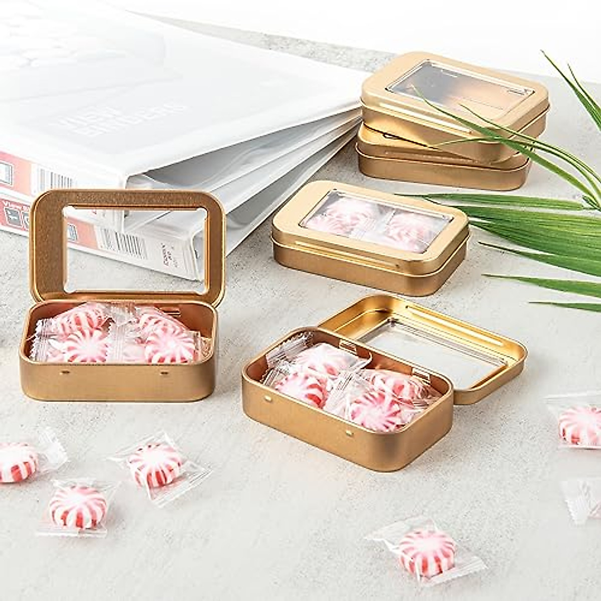 Restaurantware RW Base 4.5 Ounce Rectangular Tin Containers 10 Durable Tin Boxes With Lids - Clear Window Lids Rounded Edges Gold Tin Storage Containers Customizable Fits Mints Or Pills