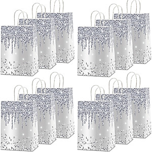 12Pcs Silver Glitter Gift Bags Glitter Diamond Goodie Bag Happy Birthday Treat Bag Diamond Silver Candy Bags Supply for Wedding Bridal Baby Shower Holiday Party Favors Decoration 4.7*3.15*8inch