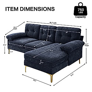 TEKAMON Navy Blue 82.7" Convertible Sectional Sofa Couch, 3 Seats L Shaped Retro Chenille Fabric Couch, Upholstered Comfy Reversible Sectional Sofa with Removable Washable Sofa Covers for Small Space