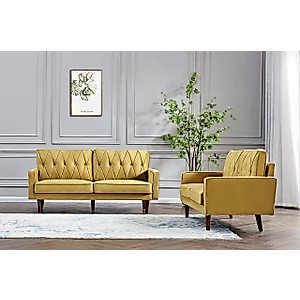 Container Furniture Modern Style Tufted Velvet Couch for Living Room with Soft Fabric Upholstery and Solid Wood Frame, 57.5'' Wide Loveseat, Yellow Green
