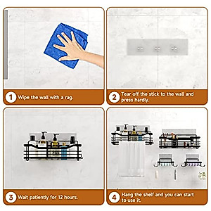 Hesento 4-Pack Shower Caddy, Strong Adhesive Shower Organizer Shelf with 2 Hooks, No Drilling Rustproof SUS304 Stainless Steel Shower Shelves for Bathroom, Toilet, Kitchen (Matte Black)