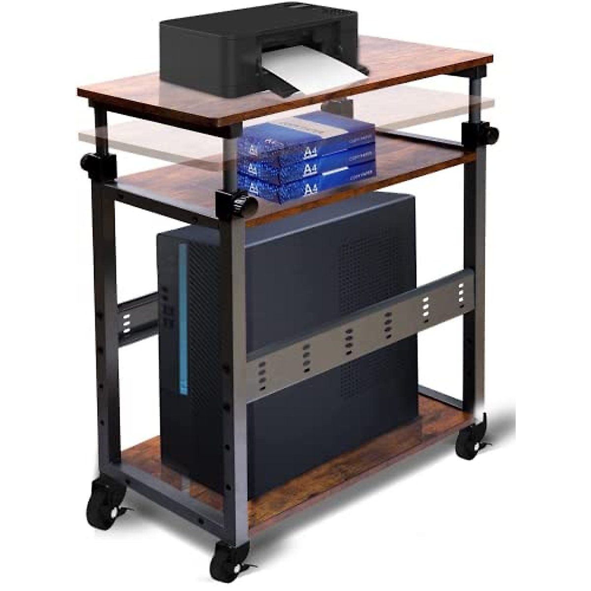 3 Tier Computer Tower Stand Adjustable, PC Tower Stand for Carpet, Height Adjustable Printer Stand with Storage, PC Computer Tower Carts with Wheels, Large Tall Gaming Computer Tower CPU Stand Wood