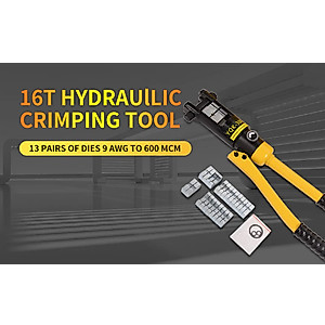 LFGUD 16T Hydraulic Crimping Tool 9 AWG to 600 MCM Battery Cable Crimping Tool 0.87 inch Stroke Hydraulic Lug Crimper Electrical Terminal Crimper with 13 Pairs of Dies