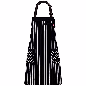 ALIPOBO Aprons for Women and Men, Kitchen Chef Apron with 3 Pockets and 40" Long Ties, Adjustable Bib Apron for Cooking, Serving - 32" x 28" - Black/White Pinstripe - 1 Pcs