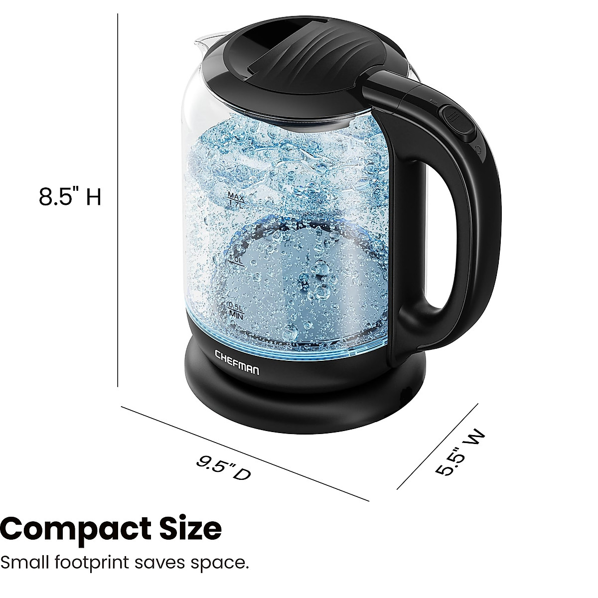 Chefman 1.7 Liter Electric Glass Tea Kettle, Fast Hot Water Boiler, One Touch Operation, Boils 7 Cups, Swivel Base & Cordless Pouring, Auto Shut-Off