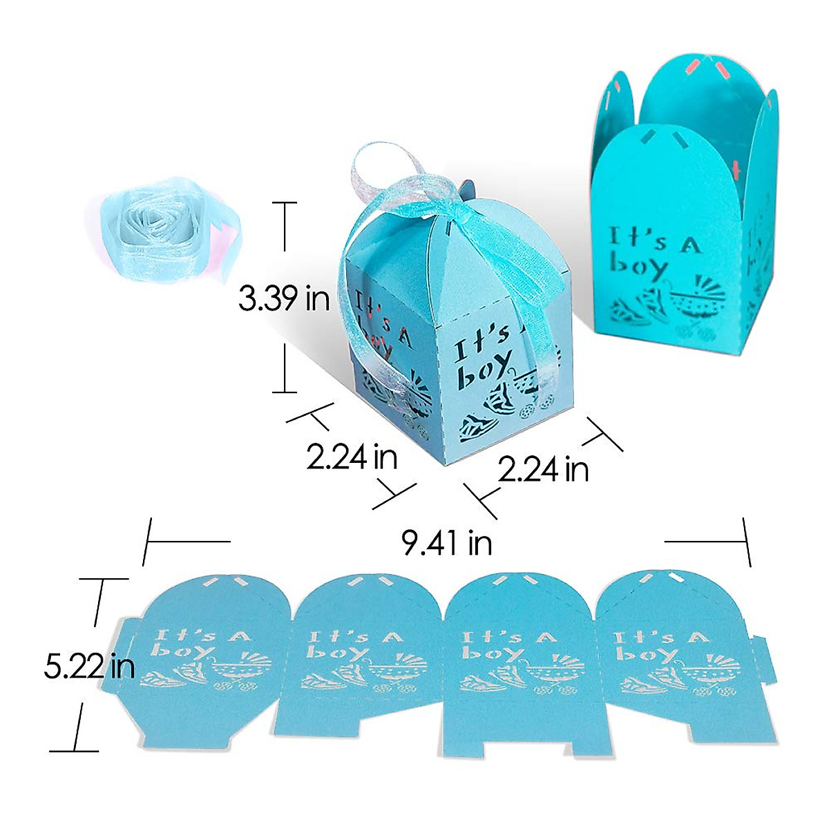 YOZATIA 50pcs Laser Cut Baby Carriage Favor Box Bomboniere Gift Candy Boxes Baby Shower Party Decoration,2.2 x 2.2 x 2.2 Inches（Blue）