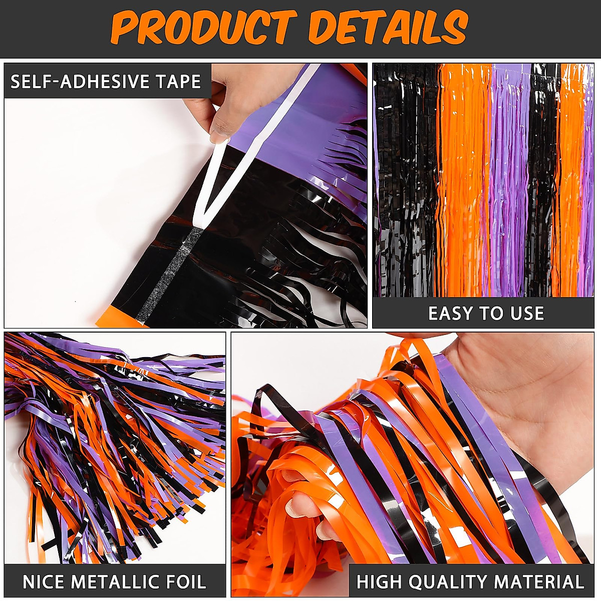 Jexine 6 Pack 9.84 ft Halloween Day Table Skirts Happy Halloween Table Foil Fringe Orange Purple Black Tinsel Table Skirt Metallic Fringe Table Decorations for Tables Supplies(Purple, Orange, Black)