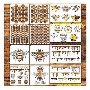12 Pieces Bee Honeycomb Stencil, Reusable Bee Stencils for Painting on Wood Signs Furniture DIY Crafts Wall Canvas Fabric Plastic Drawing Template Hexagon Paint Wood Burning Stencils (bee)