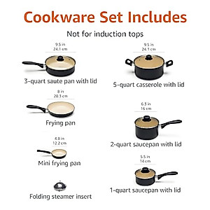 Amazon Basics 11-Piece Ceramic Non-Stick Pots and Pans Set, Dishwasher & Oven Safe, Non-Toxic, Easy Clean, Black/Cream