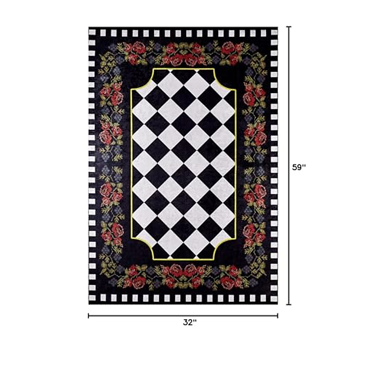 BESPOKY Noginsk Black Floral, Cotton Polyester Area Rug, Machine Washable Rug, Non Slip Rug, Living Room, Bedroom, Nursery, Hallway, Corridor, Rug, Indoor Outdoor Area Rug