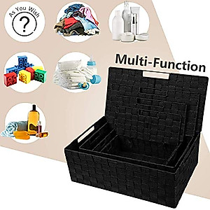 KEDSUM Woven Storage Baskets Boxes Bins, Storage Baskets with Lids, Woven Strap Baskets, Nylon Woven Storage Baskets Bin, Built-in Carry Handles (Black Set of 4)