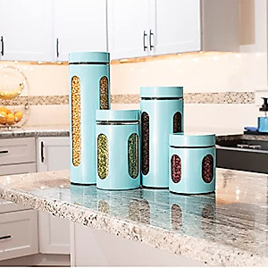Kitchen Canisters For Countertop By Home Basics | Retro-Styled Canisters For Kitchen Counter | Stainless Steel and Glass Kitchen Canister Set, With See-Through Windows (Turquoise), 4 Pieces
