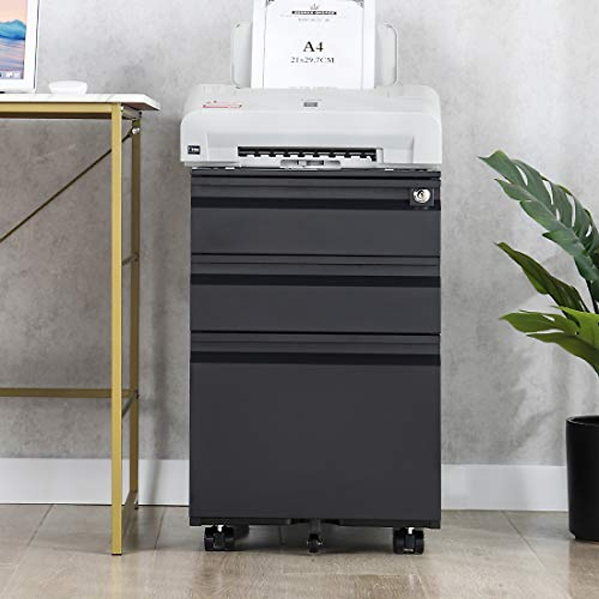 GREATMEET Filling Cabinet with 3 Drawers, Office Mobile Filing Cabinet with Wheels and Lock for Legal/Letter Size,Small File Cabinet for Under Deskt,Fully Assembled (Black)