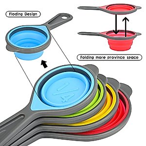 Kalsreui Measuring Cups and Spoons set, Collapsible Measuring Cups, 8 pieces Measuring Cups&Spoons Set, Engraved Metric & US Markings for Liquid&Dry Measuring, Space Saving, BPA Free Colorful Silicone