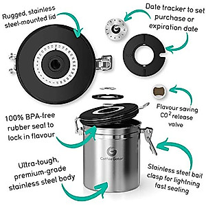 Coffee Gator Coffee Canister Duo Stainless Steel Coffee Container - Fresher Beans and Grounds for Longer - Date-Tracker, CO2-Release Valve and Measuring Scoop - Large & Small, Silver
