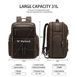 Taertii Vintage Genuine Leather Backpack for Men, 16'' Macbook Travel Hiking School Bag Daypack 30L - Brown