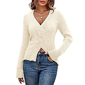 ZAFUL Women's Criss Cross V Neck Sweaters 2024 Dressy Casual Front Slit Ribbed Knit Pullover Sweater Jumper Tops Cream
