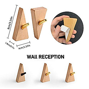 2Pcs Wood Adhesive Hooks Natural Wooden Coat Wall Hooks Wall Mounted Entryway Heavy Duty Modern Organizer Single Hooks Hangers, Golden Decorative Handmade Craft Hat Rack (Triangle Beech Wood)