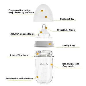 Gulicola Natural Glass Baby Bottle for Breastfed Babies, Medium Flow, Anti-Colic, 3 Months+, 5oz, 2 Count(Grey White)