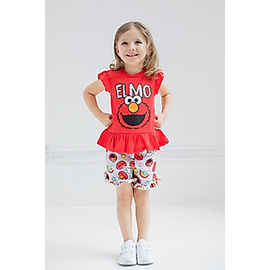 Sesame Street Elmo Toddler Girls T-Shirt and French Terry Shorts Outfit Set Red 2T