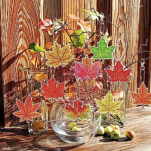 12 Pieces Fall Diamond Painting Keychains Fall Leaves Diamond Art Key Rings Double Sided Full Drill Maple Leaf 5D Diamond Pendants DIY Diamonds Hanging Ornaments for Autumn Thanksgiving Party Decor
