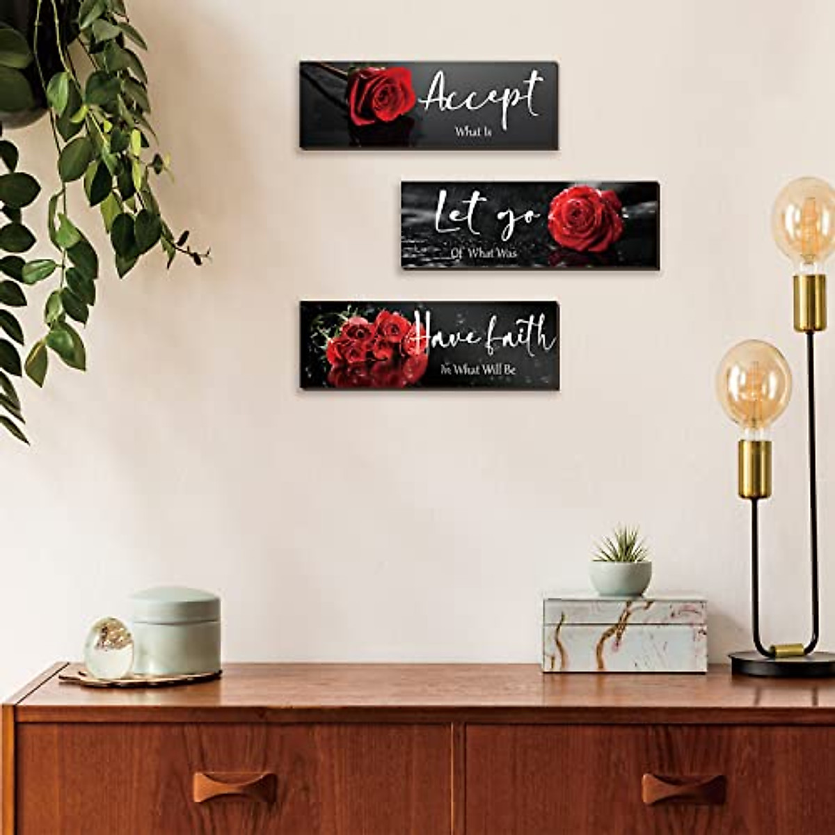 3 Pcs Red Decor Flower Inspirational Wooden Wall Art Red Roses Decor Office Wall Decor with Accept Let Go Have Faith Positive Quotes for Girl Women Bathroom Living Room Bedroom(Red Rose12 x 4 Inch)