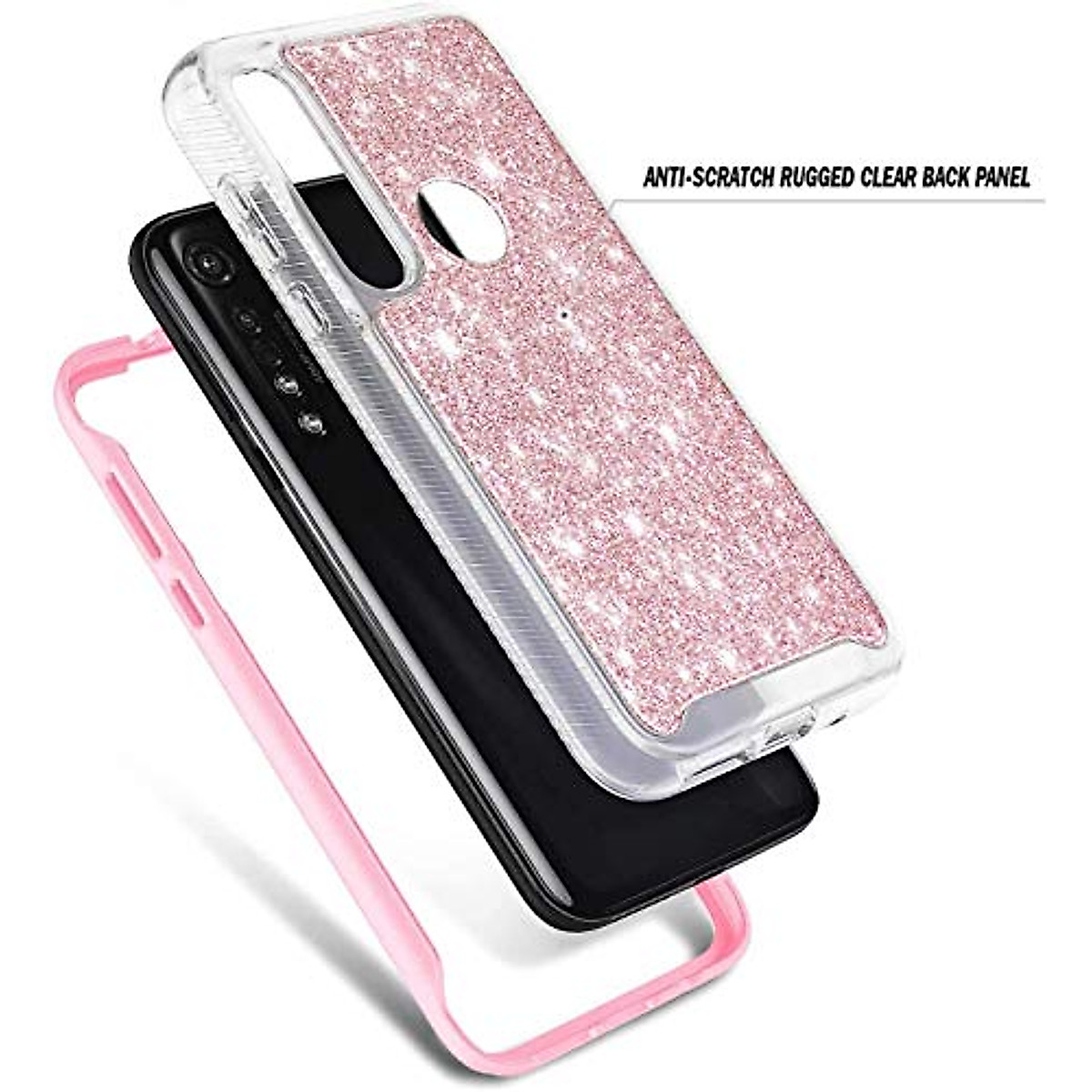 E-Began Moto G Fast Case with [Built-in Screen Protector], Full-Body Shockproof Protective Rugged Bumper Cover, Impact Resistant Case for Motorola Moto G Fast 2020 Release -Glitter Bling Rose Gold