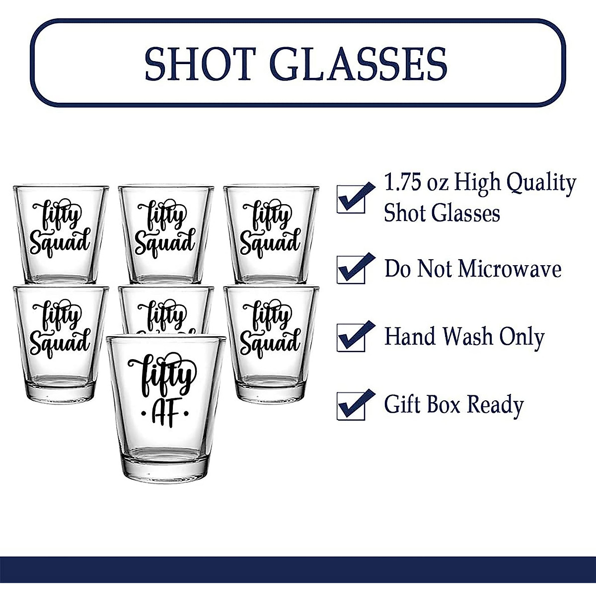 Veracco Fifty AF Fifty Squad Cheers To 50 Years Shot Glasses Birthday Gift For Someone Who Loves Drinking Bachelor 50th Funny Party Favors Fifty and Fabulous (Clear, Glass)