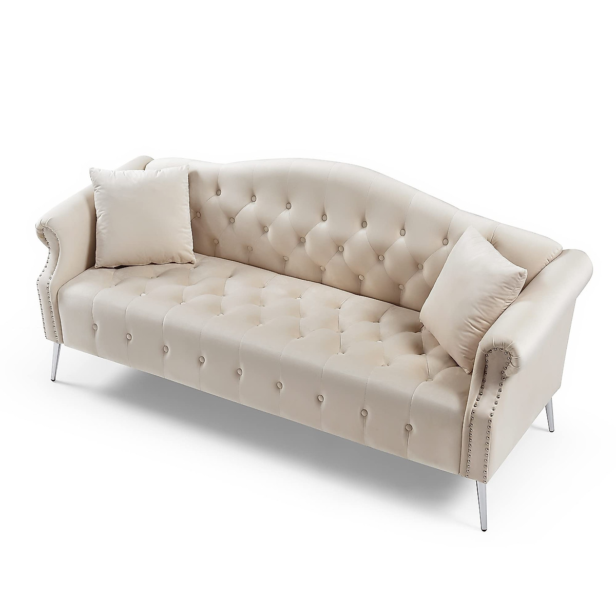LIADTOP, 78.7" Classic Chesterfield Velvet Sofa Contemporary Upholstered Couch with Button Tufted and Rolled Arms, 2 Pillows Included, 3 Seater, Beige