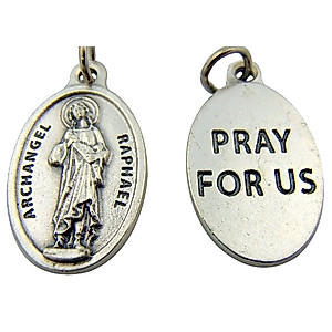 Lumen Mundi L&M Silver Toned Base Archangel Saint Raphael Pray for Us Medal Pendant, 1 Inch