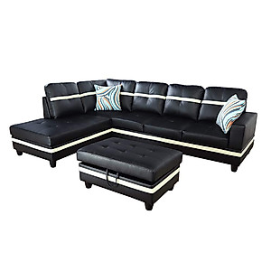 GEBADOL Lifestyle Furniture 3 Piece Sectional Sofa Couch Set, L-Shaped Modern Sofa with Chaise Storage Ottoman and Pillows, Faux Leather, Left Facing