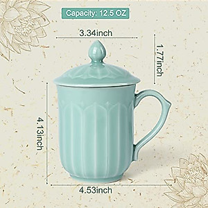 Tingyework Porcelain Lotus Tea Cup with Lid and Handle, 12 oz Unique Coffee Mug, Microwave Dishwasher Safe, Gifts for Women and Men, Aesthetic Chinese Celadon 1 Pack (Sky Blue)