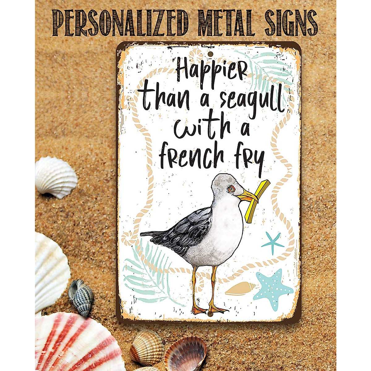 Seagull with French Fry - Great Lake House and Beach House Decor, Coastal Funny Wall Art, Bird Animal Nautical Prints and Gift Idea, 8x12 Indoor or Outdoor Durable Rustic Metal Sign