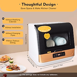 WenDissy Mini Portable Countertop Dishwasher, Compact Dishwasher with 3 Washing Programs, 360° Rotating, Dishwasher Automatic Dish Washing Machine For Dorm, RV, Apartment (Gold)