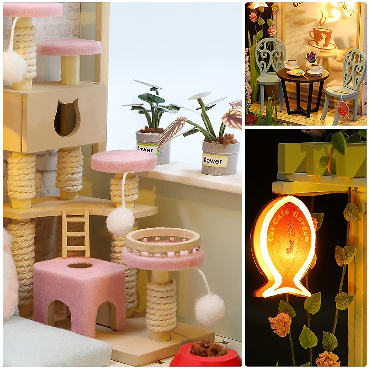 CUTEBEE Dollhouse Miniature with Furniture, DIY Wooden Dollhouse Kit Plus Dust Proof, Creative Room Idea(Cat Coffee Garden)