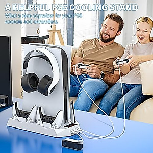 DBEPANK Stand and Cooling Station with Dual Controller Charging Station for PS5 Vertical Stand with Headset Holder for PS5 Accessories for Playstation 5 Console Cooling Fan Stand White