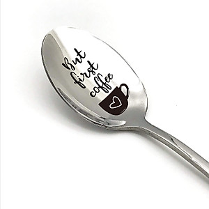 family Kitchen Stainless Steel Engraved Espresso Spoon - But First Coffee Funny Gift for Friends or Girlfriend Coffee Lover