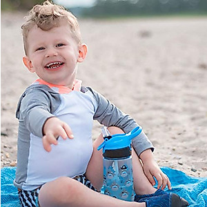 Nuby Push Button Flip-it Soft Spout Tritan Water Bottle, Blue Sharks, 18 Oz